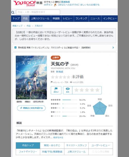 新海誠監督「天気の子」本日公開！ 「Yahoo映画！」では公開前に「不正なユーザーレビュー投稿」が相次ぐ？ | StartHome